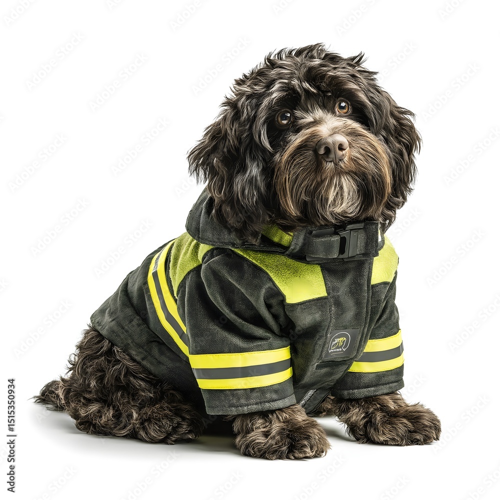 Cute dog in firefighter uniform, fluffy brown dog wearing safety gear ...