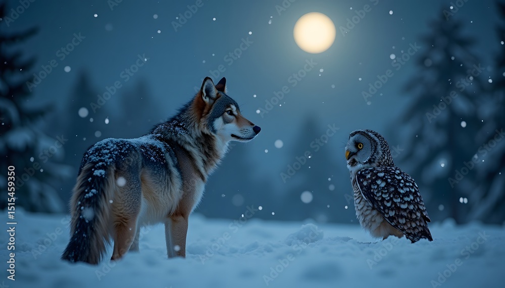 Snowy scene with a wolf facing an owl under a moonlit sky amid falling ...