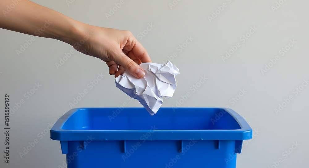 Person Disposing Of Paper Waste In Simple Blue Bin Featuring Blurred ...