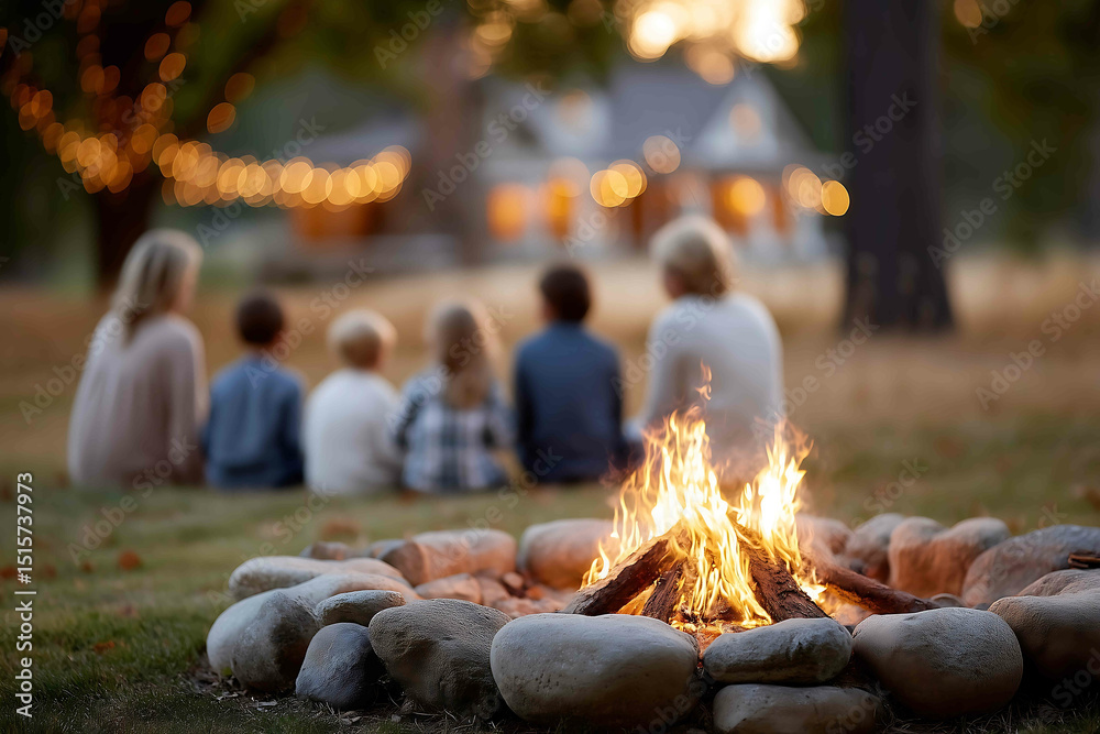 Evening bonfire in the backyard family singing songs soft light of the ...