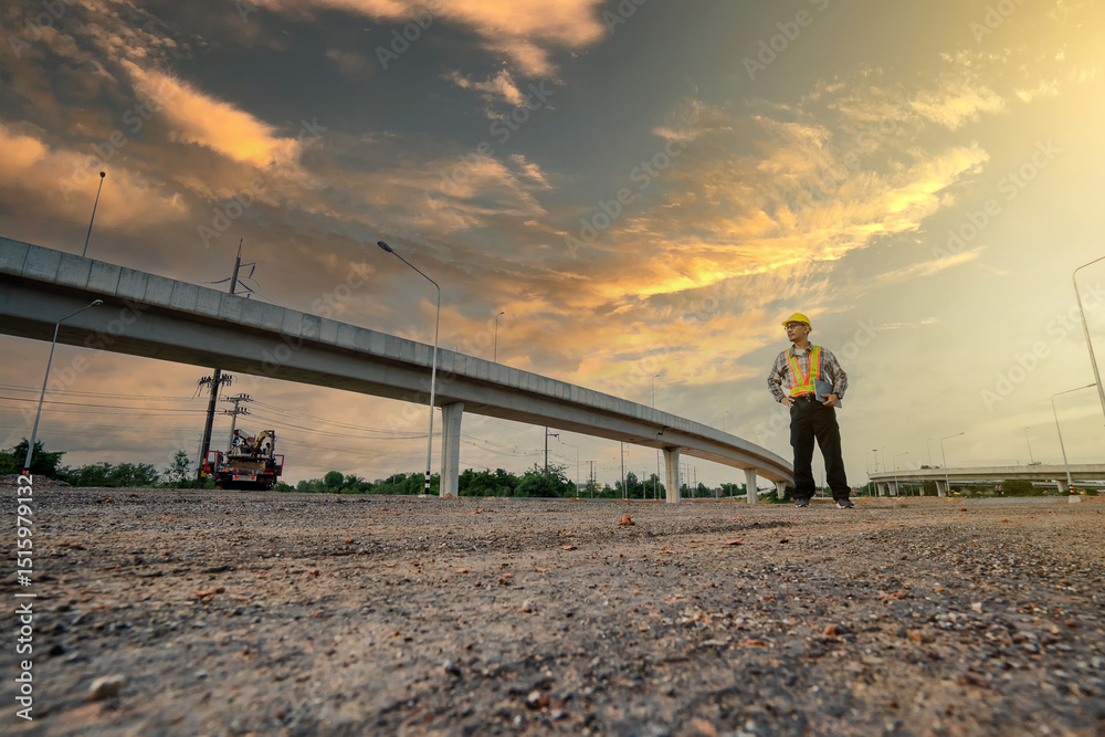 A Civil engineers inspect the construction site of a high concrete ...