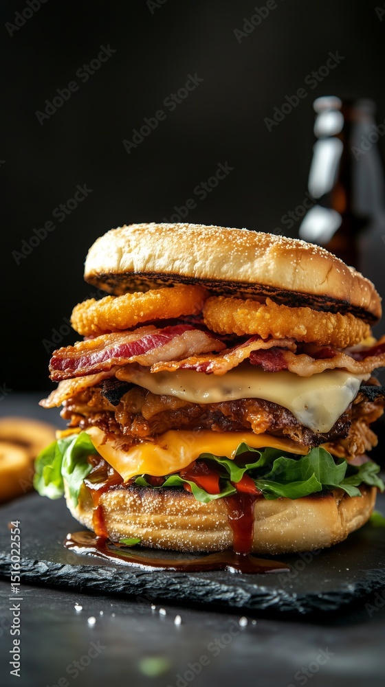 Epic burger stack with bacon, lettuce, and onion rings styled against a ...
