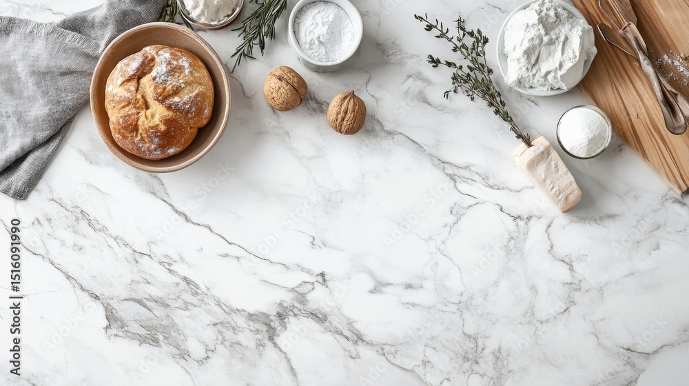 Marble kitchen counter with baking tools and ingredients for recipe ...