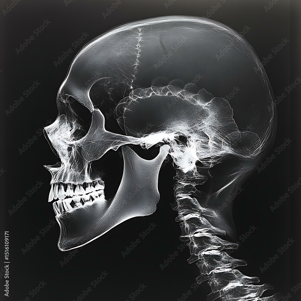 Ilustración de Stock X-ray of a human skull in lateral profile showing ...