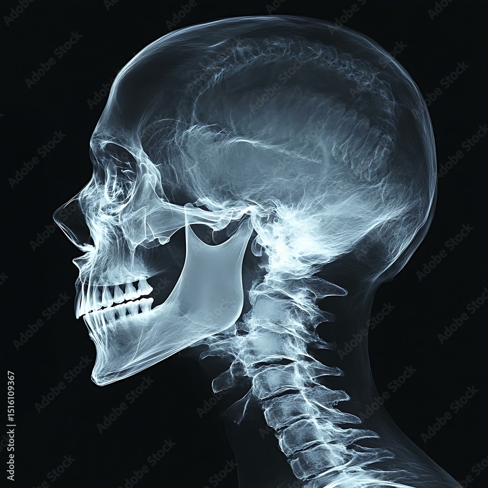 X-ray scan of a male skull side view emphasizing maxillary and ...