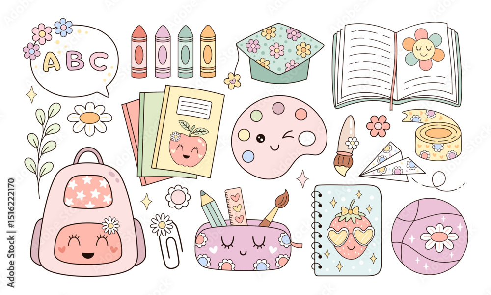 Groovy school clipart set, cute school supplies, retro back to school ...