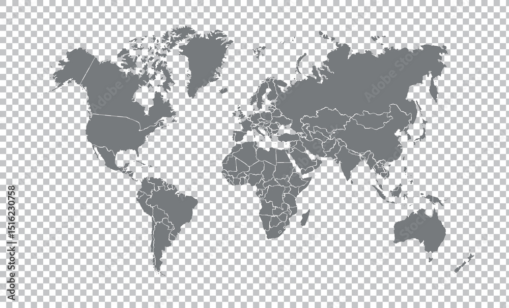 Gray World Map with Country Borders on Transparent Background. Flat ...
