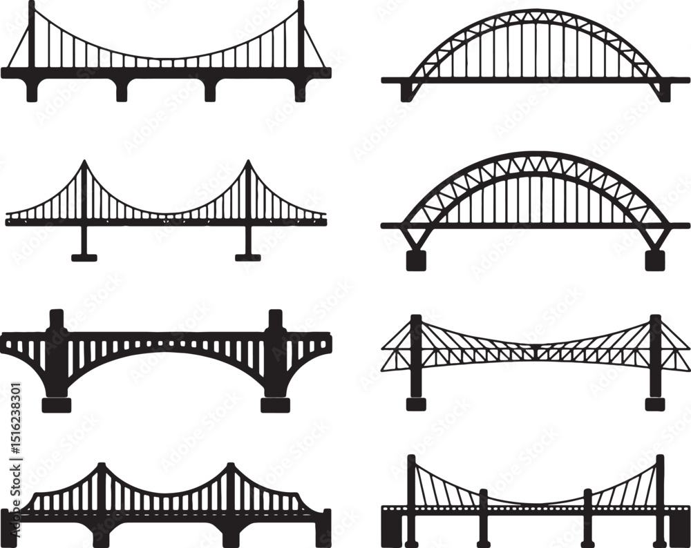 Different types of bridges black silhouettes set Stock Vector | Adobe Stock