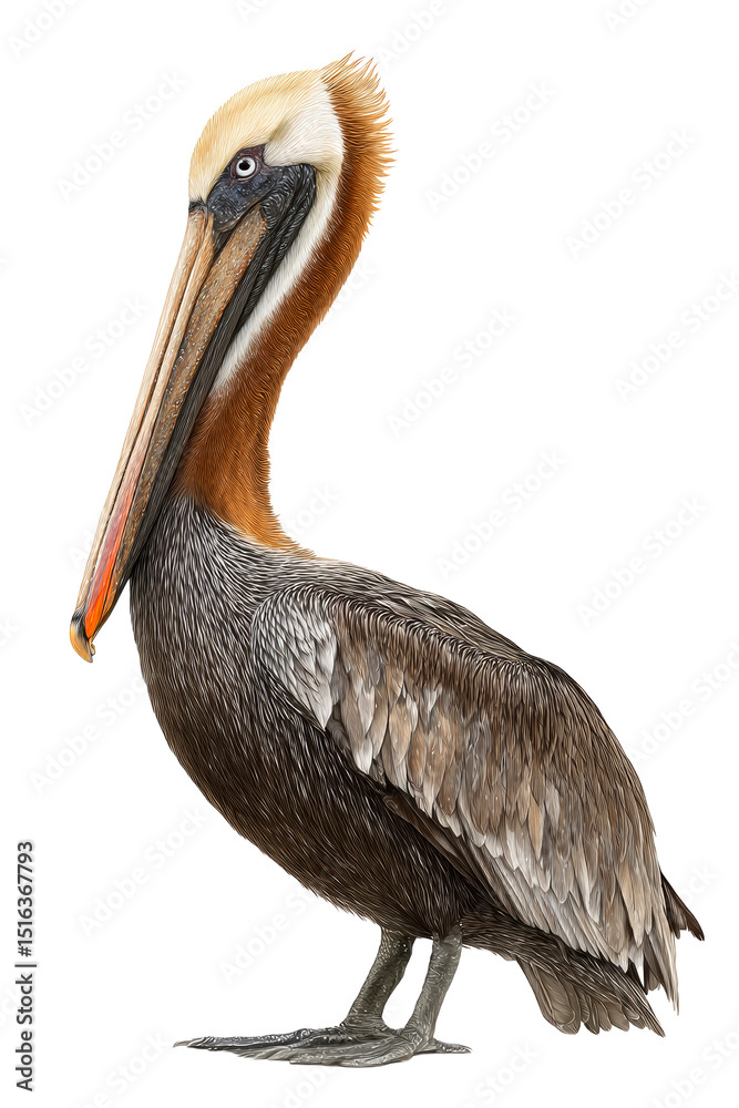 The detailed portrait of a brown pelican, displaying its prominent beak ...