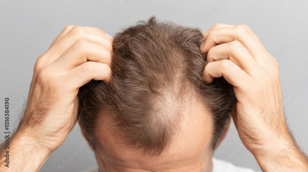 Person's fingers parting hair to reveal mild bald spot at crown ...