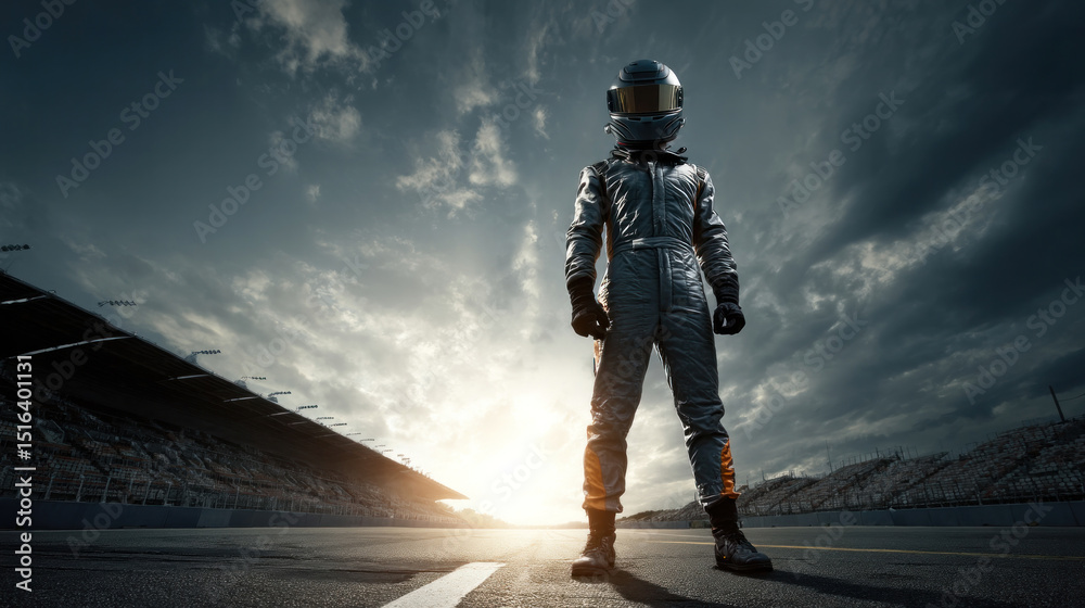 Male racer in full racing suit and helmet standing confidently on track ...