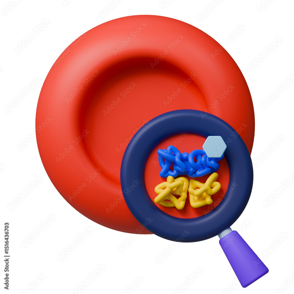 Red blood cell with glycated hemoglobin molecule under magnifying glass ...