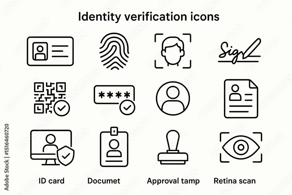 Stock-Vektorgrafik „Identity verification icons: id cards, fingerprints ...