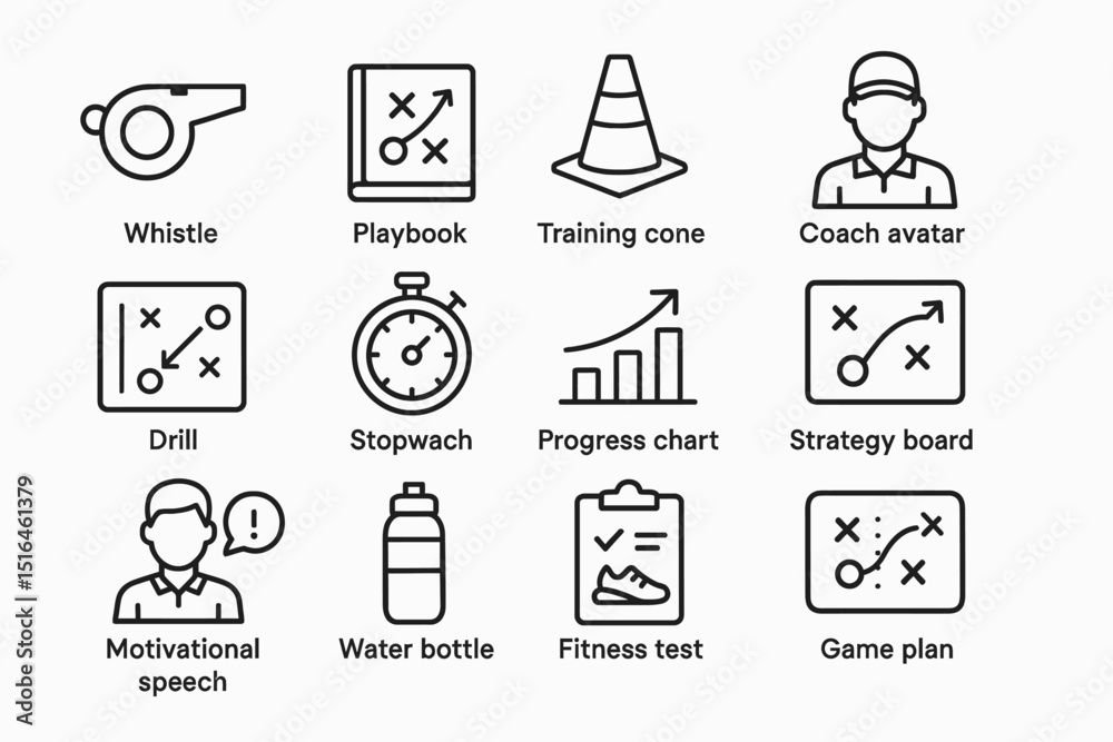 Sports training icons: whistle, playbook, cone, stopwatch, coach avatar ...