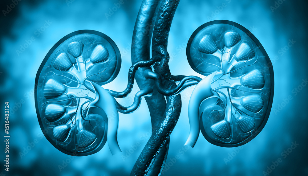 Human kidney medical diagram with a cross section, inner organ with ...