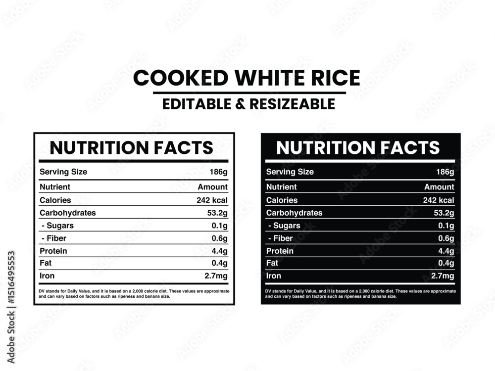 Editable & Resizable Cooked White Rice Nutrition Label Template ...