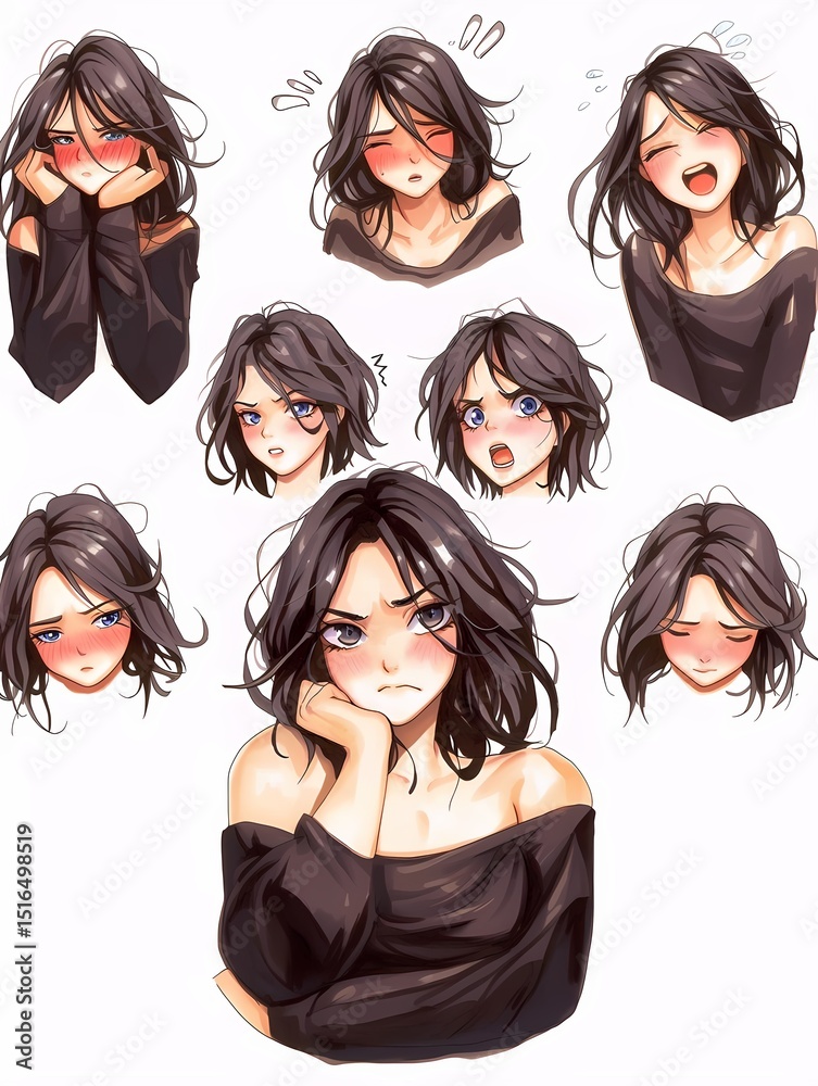 Stock-Foto „Anime girl expression sheet, black hair, blue eyes, range ...