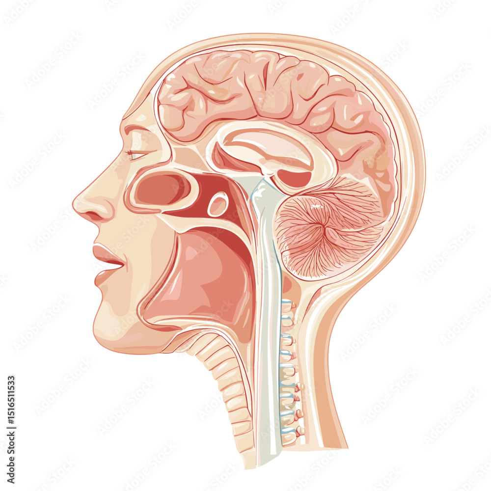 Detailed Anatomical Illustration of Human Head Featuring Brain ...