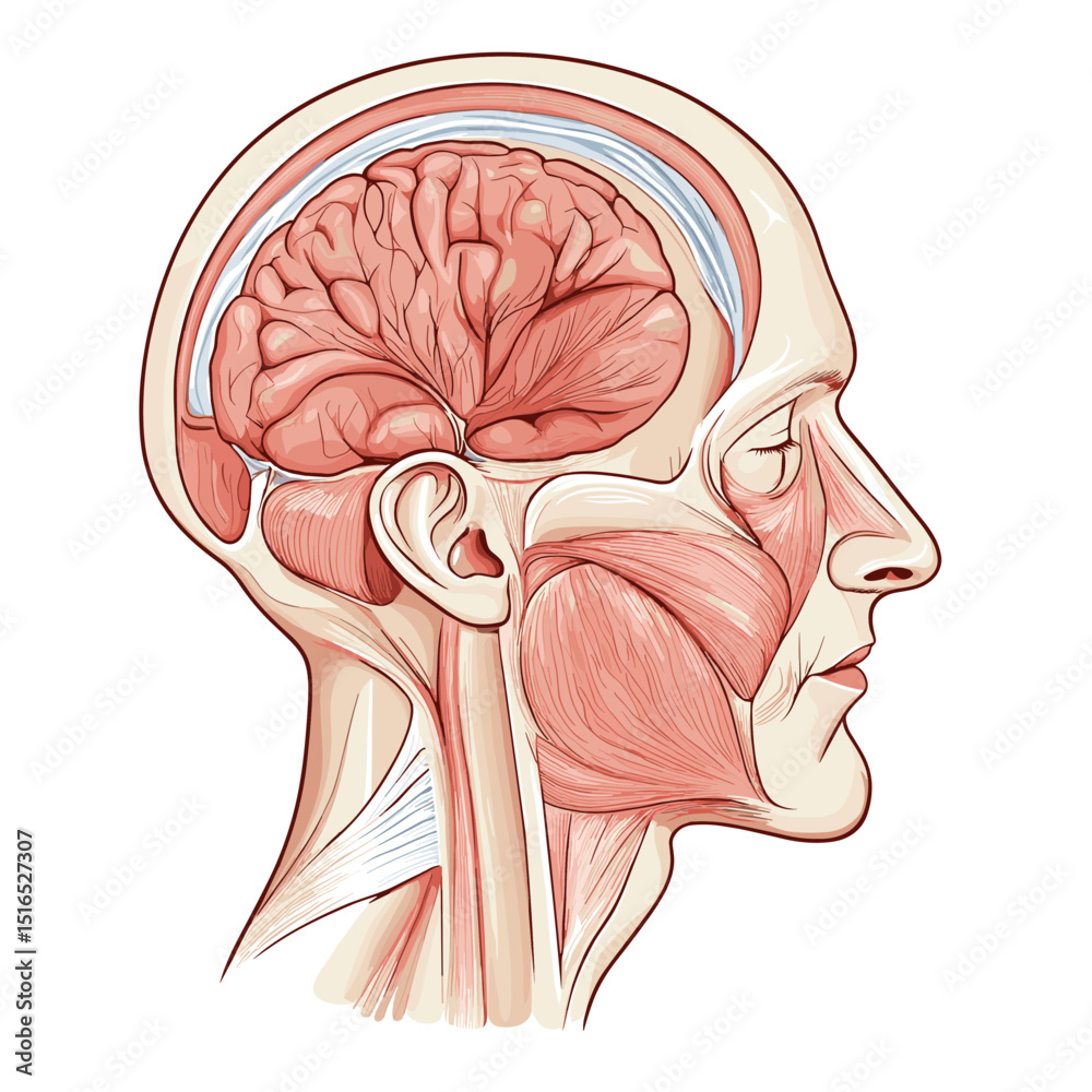 Anatomical Illustration of Human Head with Visible Brain Internal ...