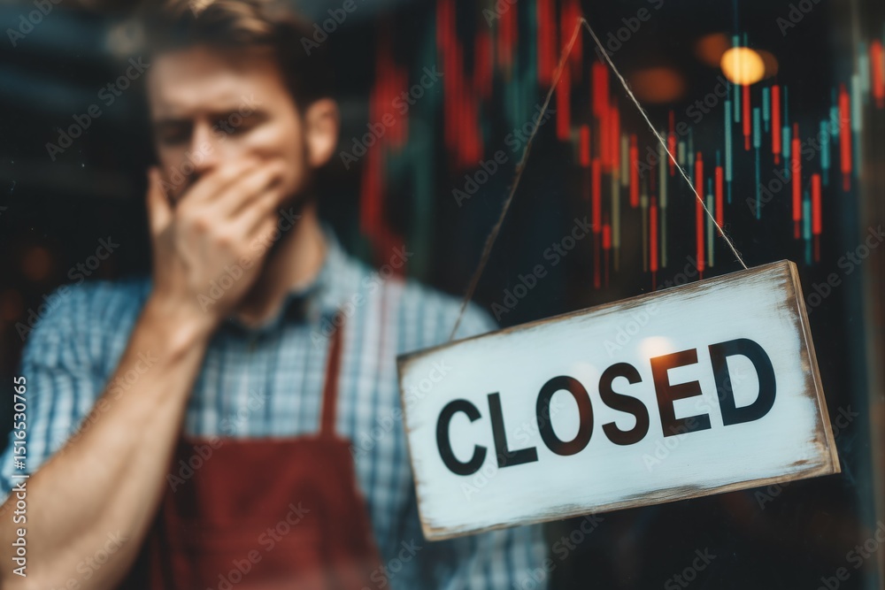 Small business owner turning over a "Closed" sign with emotion ...