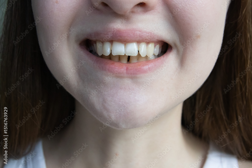 Close up of woman smile showing dental malocclusion with visible ...
