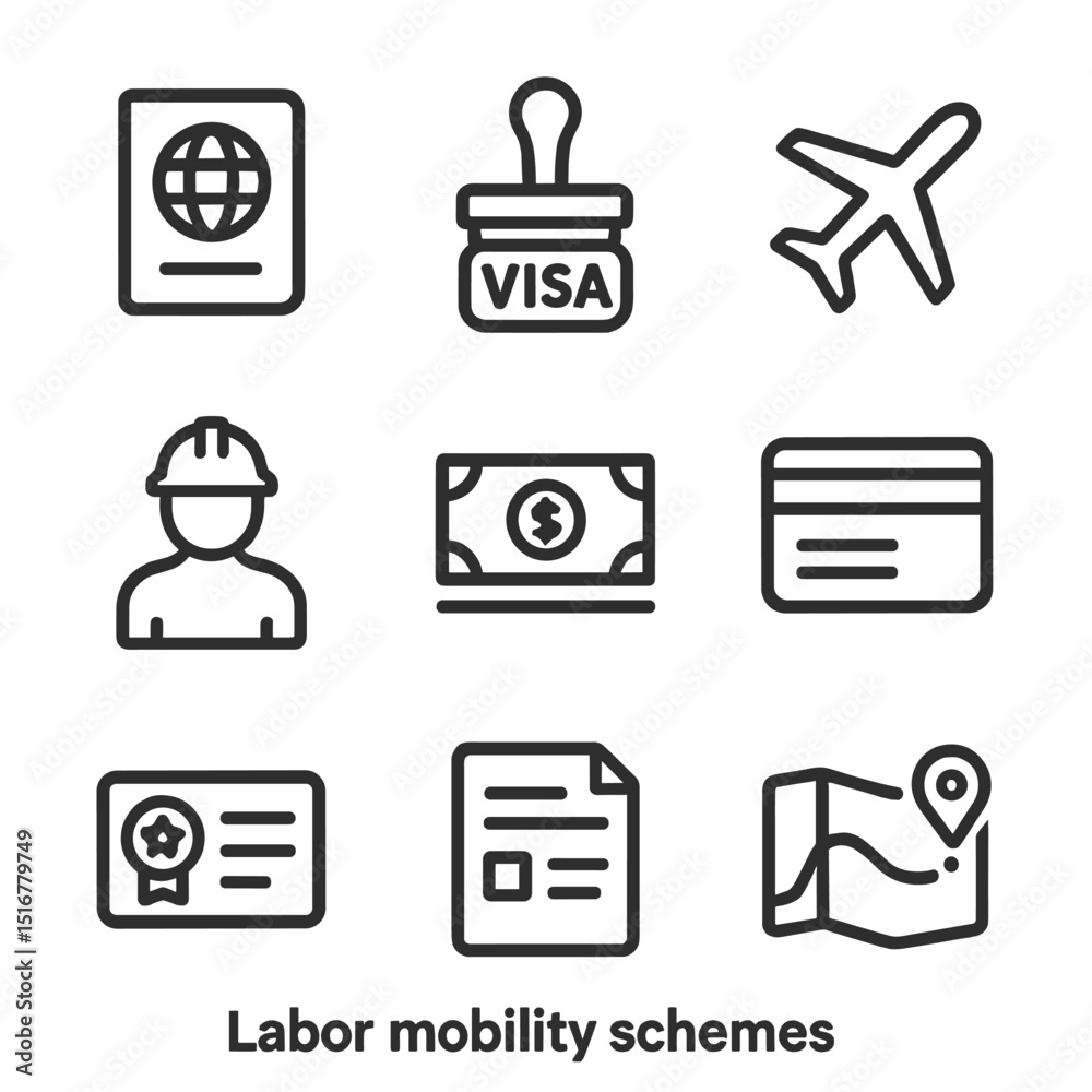 Labor Mobility Icons. Outline icon set of labor mobility schemes ...