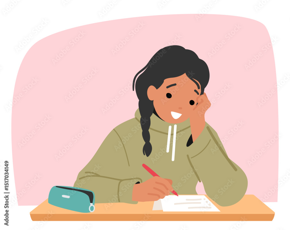 Preteen girl student cartoon character studying writing exam using ...