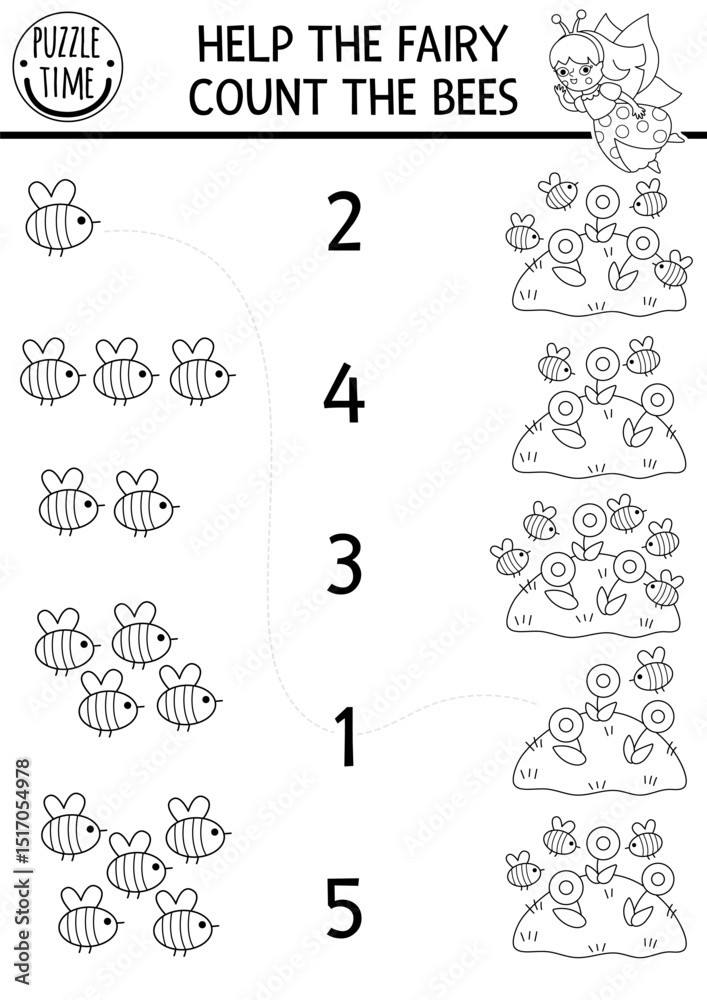 Match the numbers black and white fairyland game with bees and flowers ...