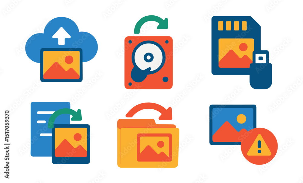 Flat vector icons of image backup and storage: cloud backup, hard drive ...