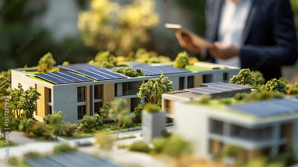 Architect reviewing a sustainable building model with solar panels and ...