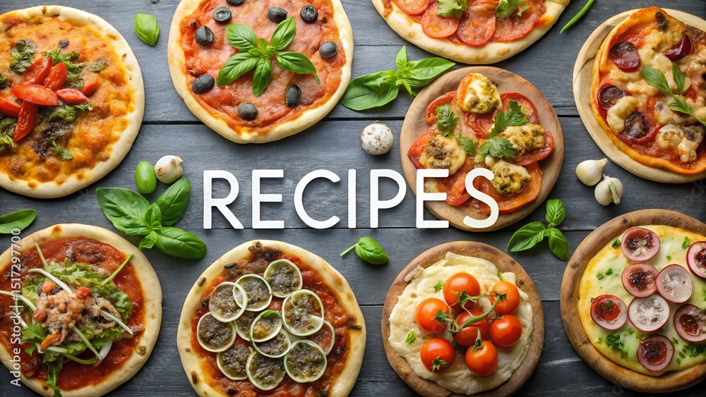 High resolution pizza photo with ingredients and Pizza Recipes label ...