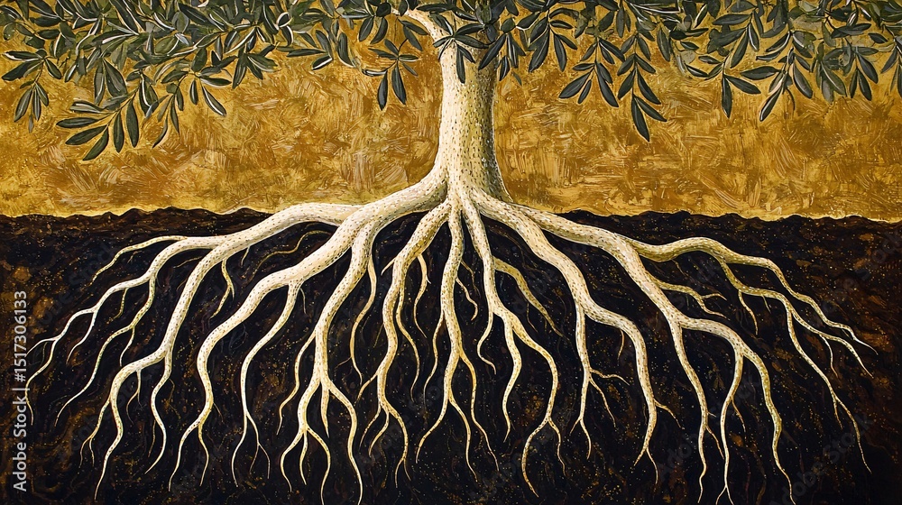 detailed illustration of an olive tree’s root system spreading deep ...