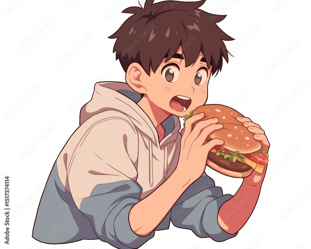 Ilustrace Anime young man eating hamburgers wallpaper. Vector ...