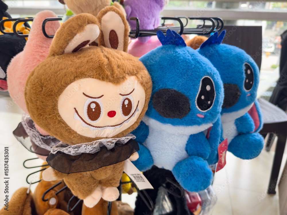 Guayaquil, Ecuador, June 2, 2025. Labubu and Stitch plush toys ...