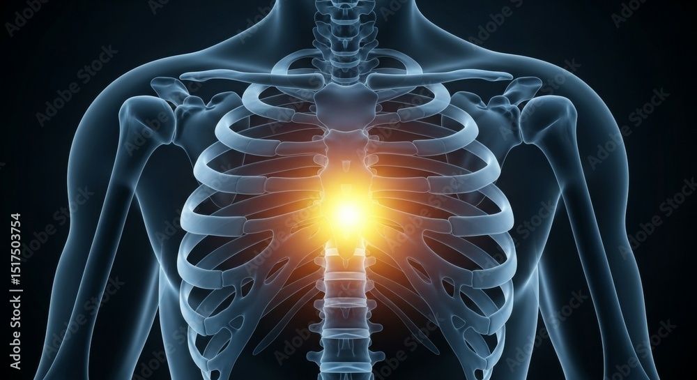 X-ray image of a human ribcage with a glowing center, illustrating the ...