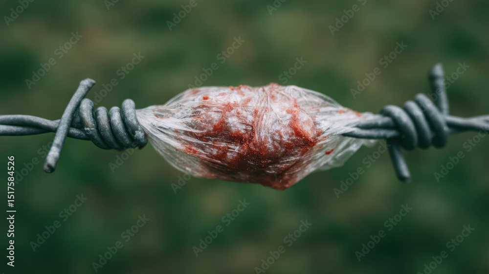 Muddy plastic wrap stuck on wire mesh, showing extreme pollution and ...