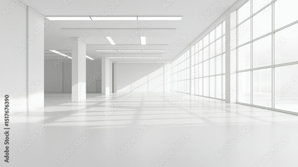 Interior D rendering of open white space with glass walls, elegant ...
