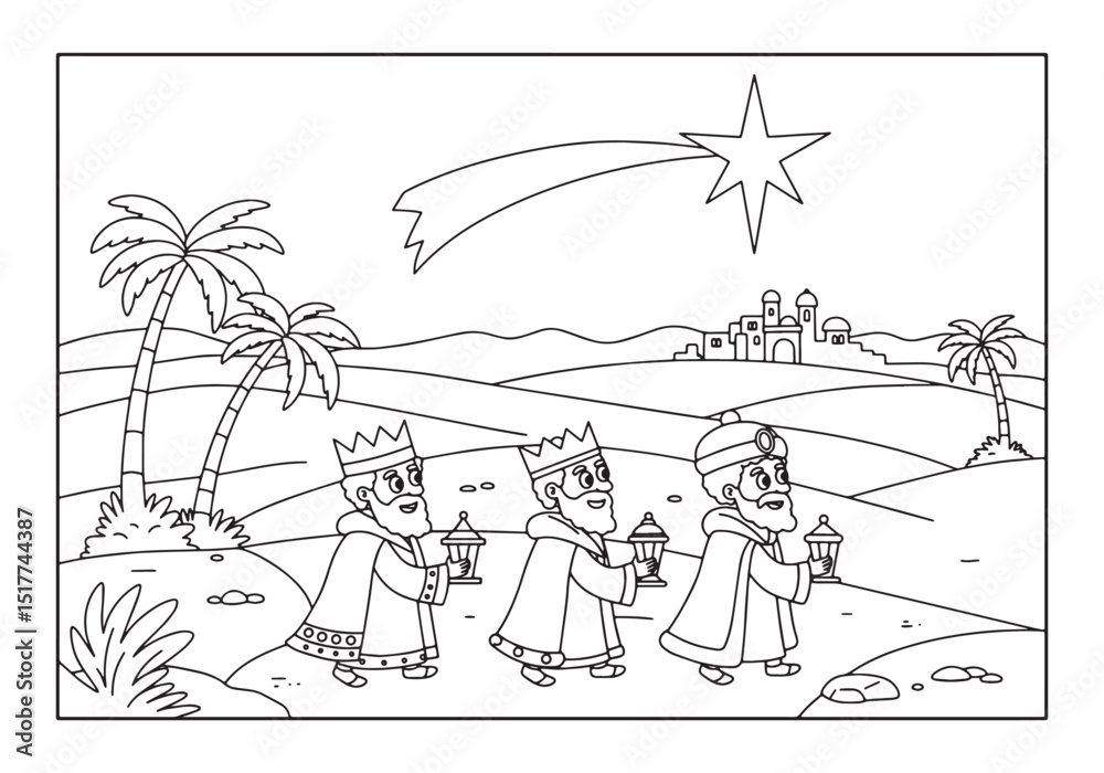 Journey of the Magi, A Detailed Coloring Page of the Three Wise Stock ...