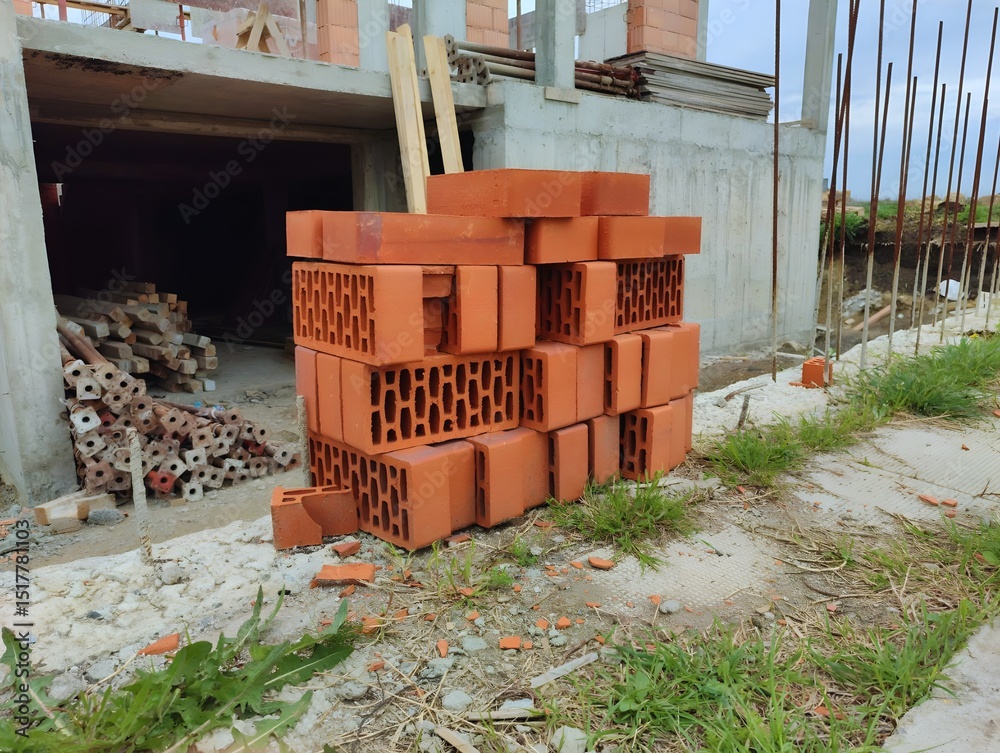 Photo Stock Pile of red bricks wall material stack of new bricks for ...
