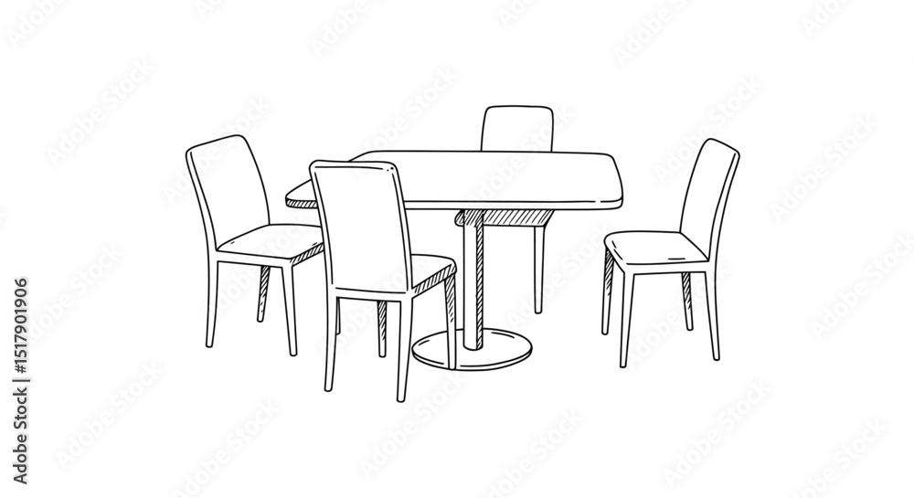 Hand drawn dining table and chairs in black and white style Stock ...
