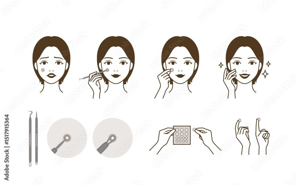 A cute woman character who extracts and removes whitehead, zit, acne ...
