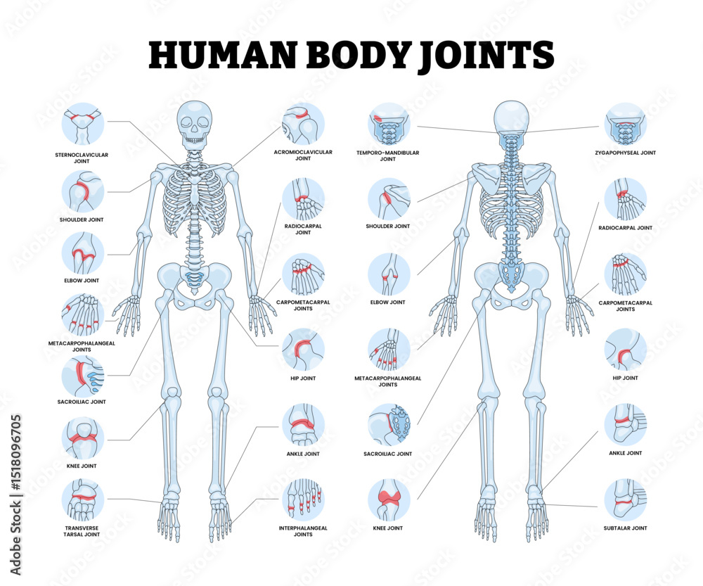 Human Body Joints, Human Skeleton Body Structure Anatomy Back and Front ...