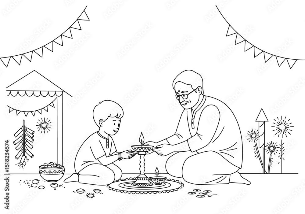 Diwali memory drawing. It is a black and white outline image depicting ...