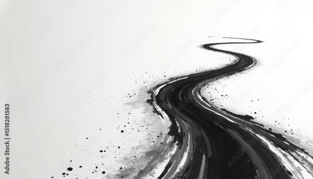 Illustration of winding road created using black ink brush strokes on ...