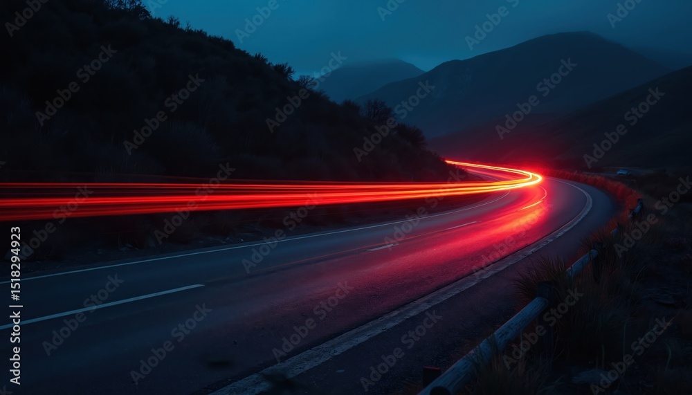 Foto de Stock Long exposure shot captures curving road at night with ...