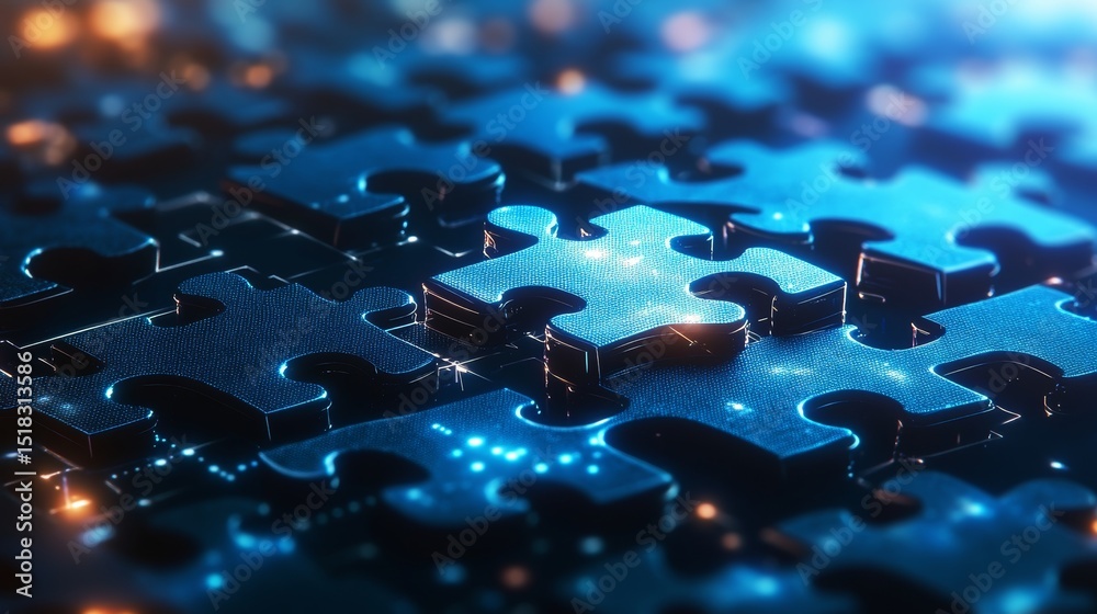 Digital Puzzle, Technology Concept Glowing Jigsaw Pieces on Blue ...