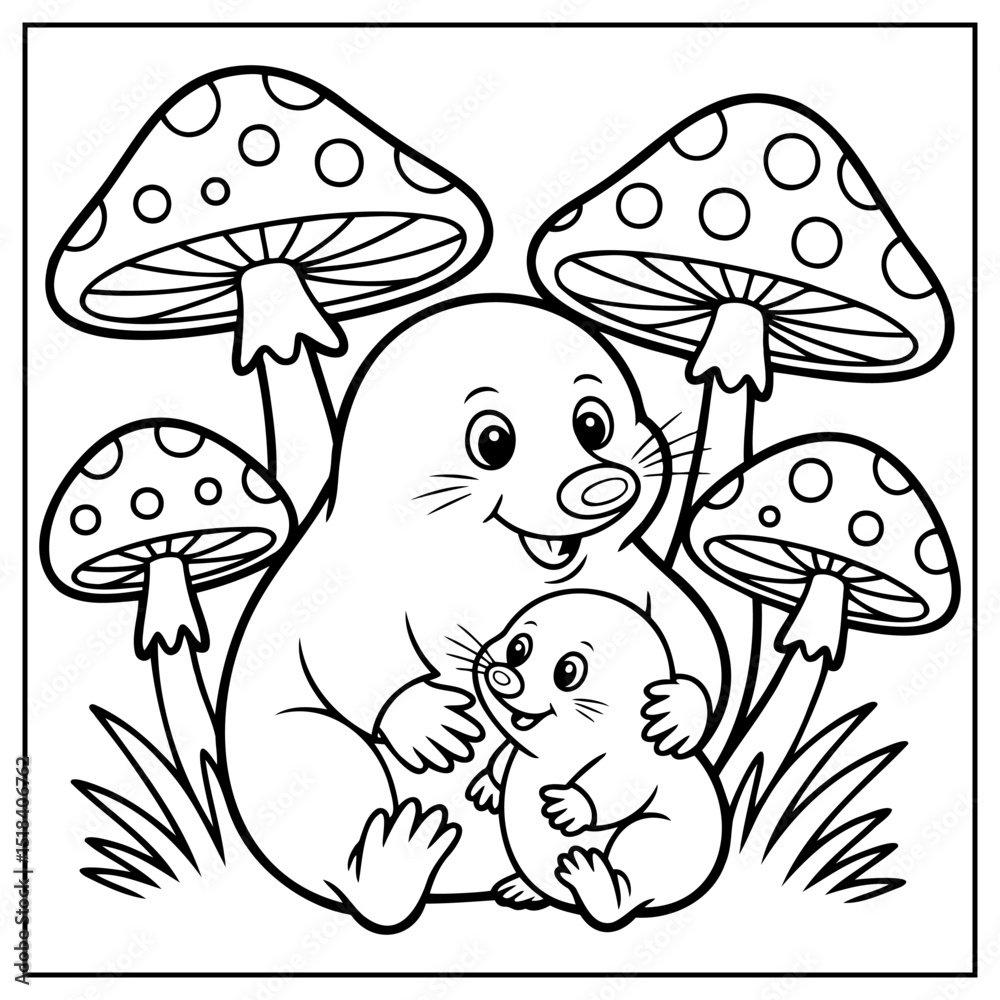 Mushroom family coloring page. Black and white vector illustration ...
