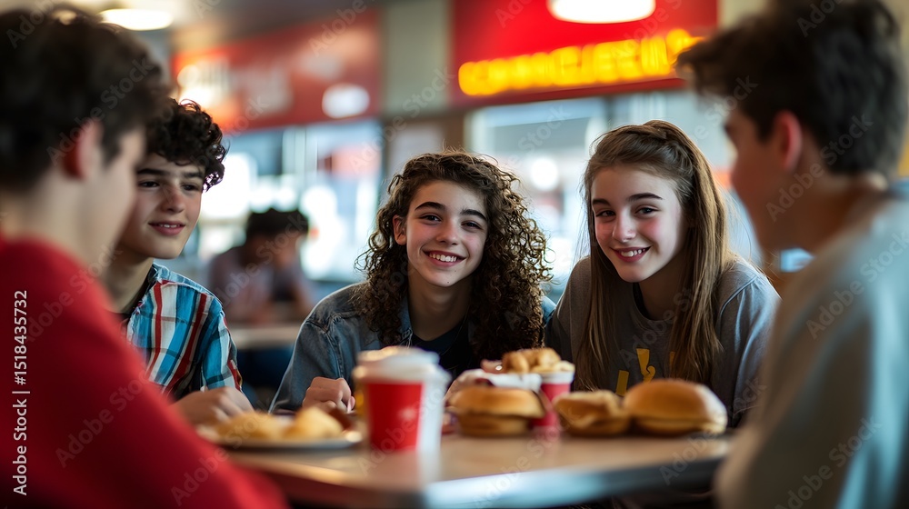 Teenagers enjoying fast food at restaurant, friends eating burgers and ...