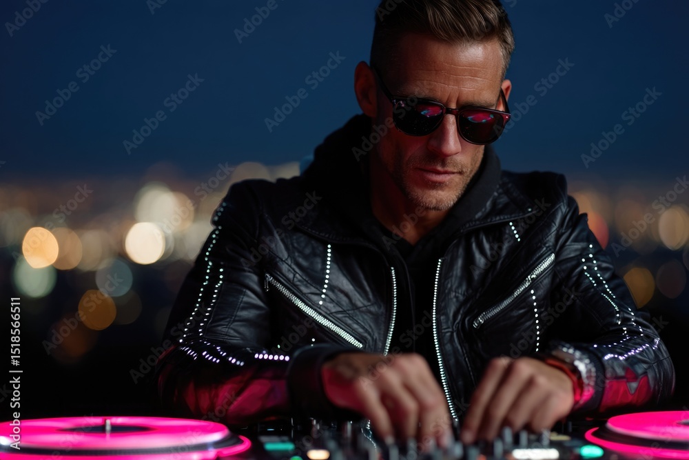 Cool DJ Mixing Music on Rooftop at Night Stock Photo | Adobe Stock