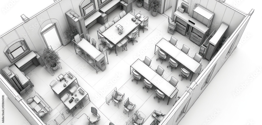 Ilustrace Office layout in 2D CAD drawing. Office furniture desks ...
